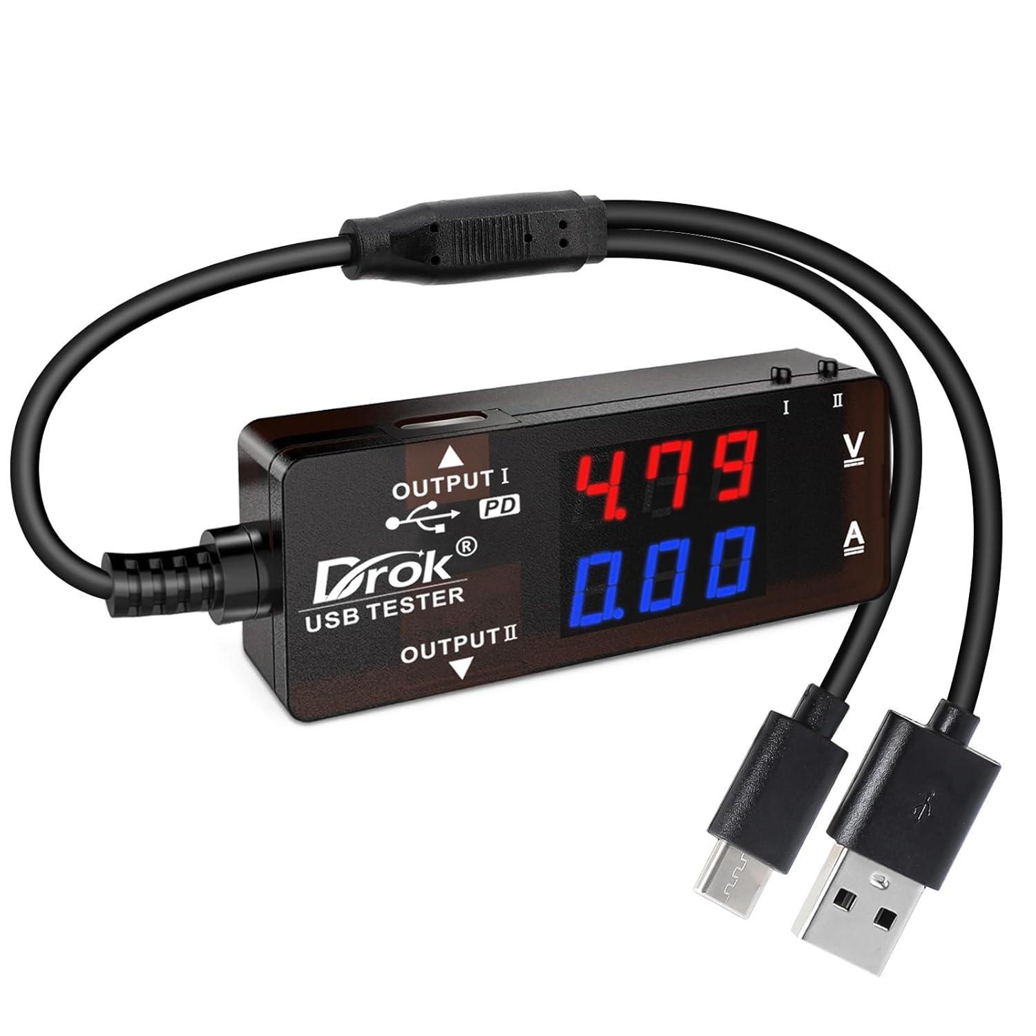 DROK USB Tester, USB-A 2.0 Digital Multimeter Dual USB Output Ports PD ...